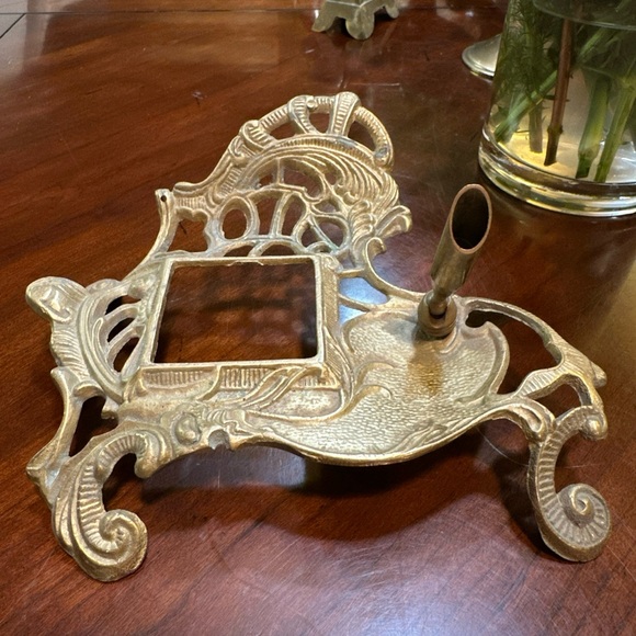 Accents | Vintage Ornate Brass Pen Stand Ink Well Holder Desk Art ...